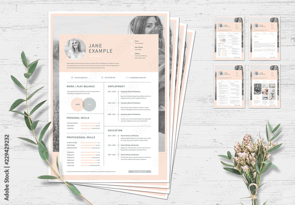 Resume and Cover Letter Layout with Pale Pink Accents Stock Template ...