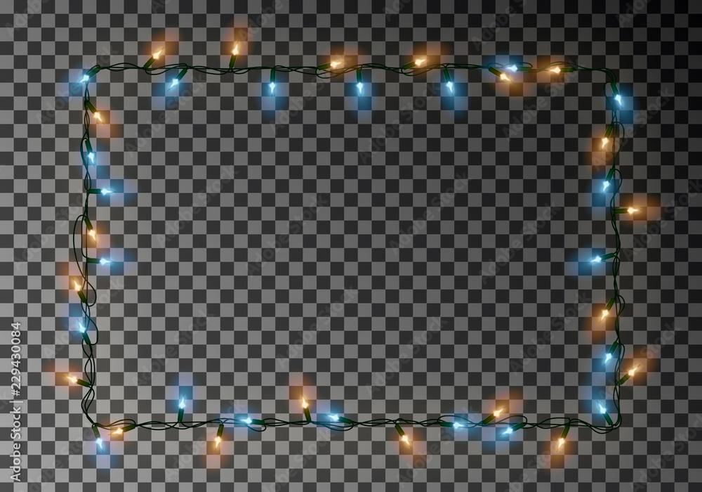 Christmas lights border vector, light string frame isolated on dark ...