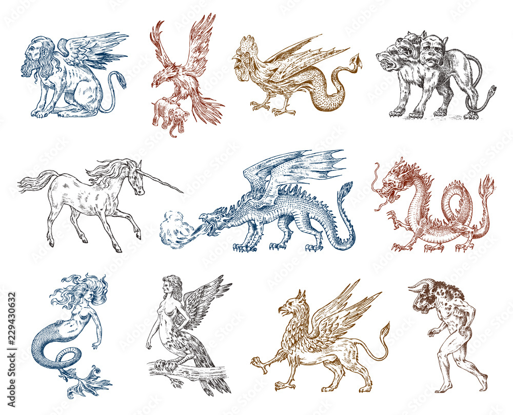 Set of Mythological animals. Mermaid Minotaur Unicorn Chinese dragon ...