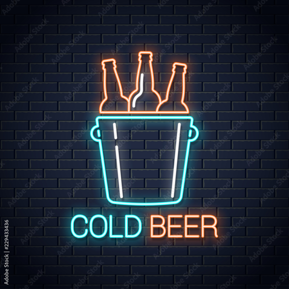 Cold beer neon banner. Beer bottles neon sign on wall background Stock ...