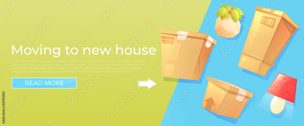 Ready move to new house banner concept. Box and furniture is rides for ...