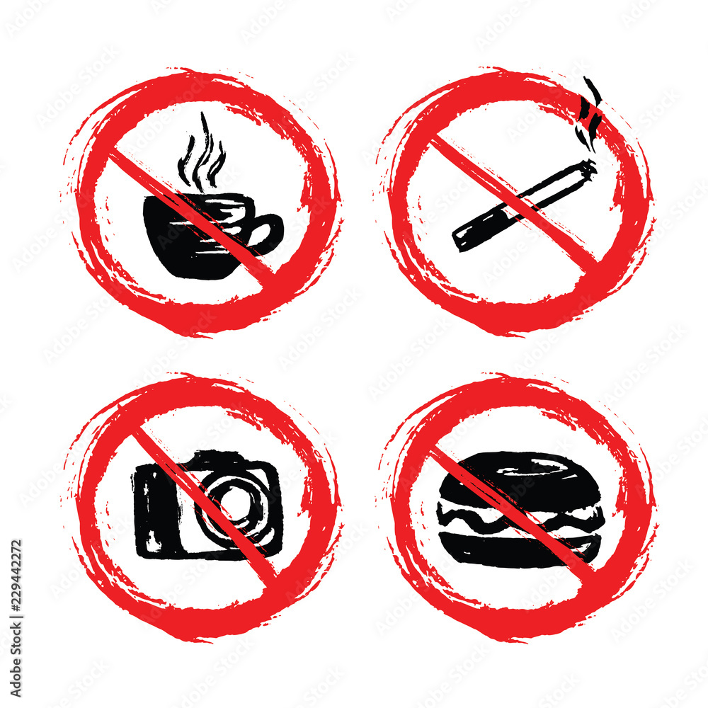 Prohibition signs - set of hand-drawn signs - coffee cigarette camera ...