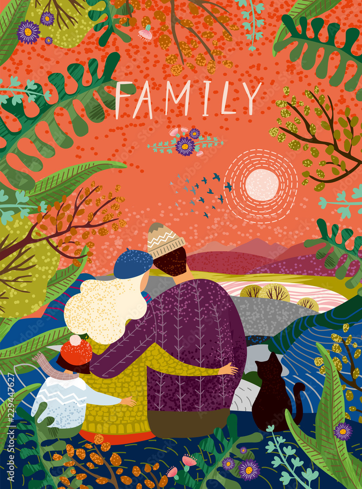 happy family, vector cute illustration of a loving family in nature ...