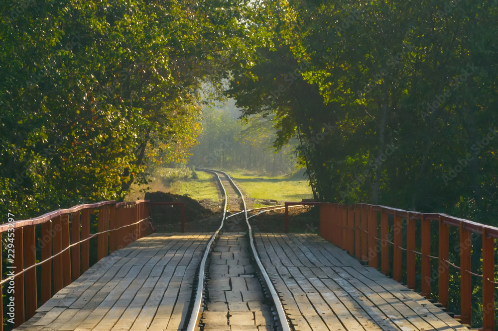 fork in the railroad behind the bridge. Old narrow gauge railway in the ...