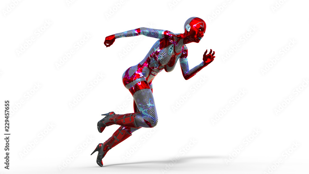 Android woman running, female cyborg in armor isolated on white ...