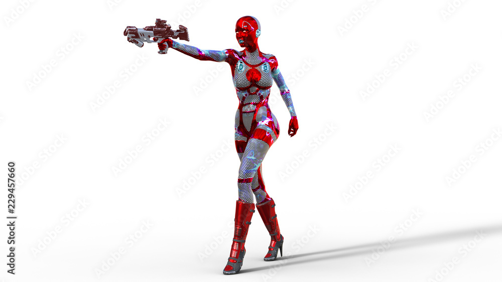 Android woman soldier, military female cyborg armed with gun walking ...