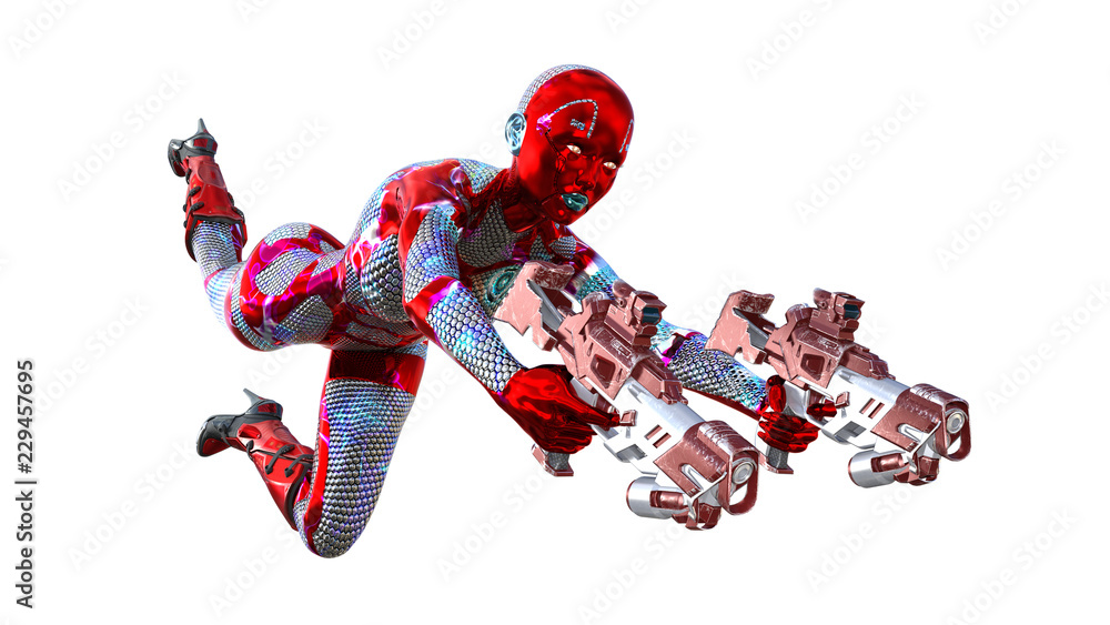 Android woman soldier, military female cyborg armed with guns diving ...