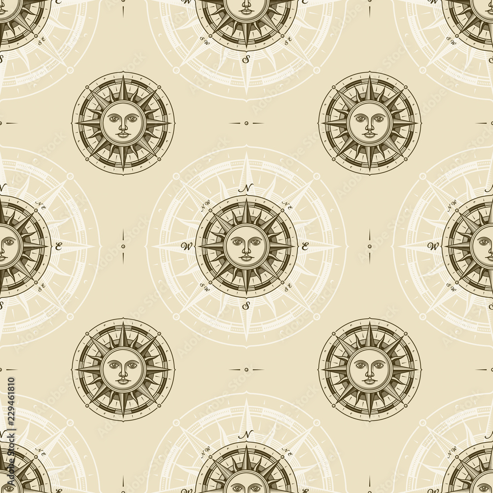 Seamless vintage sun compass rose pattern. Vector illustration in retro ...