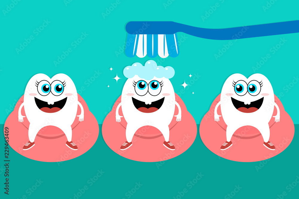 Oral health care concept. Toothbrush brushing one happy cartoony teeth ...