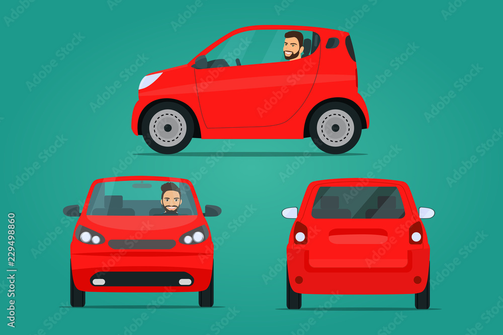 Red сompact city car set. Car with driver man side view, back view and ...