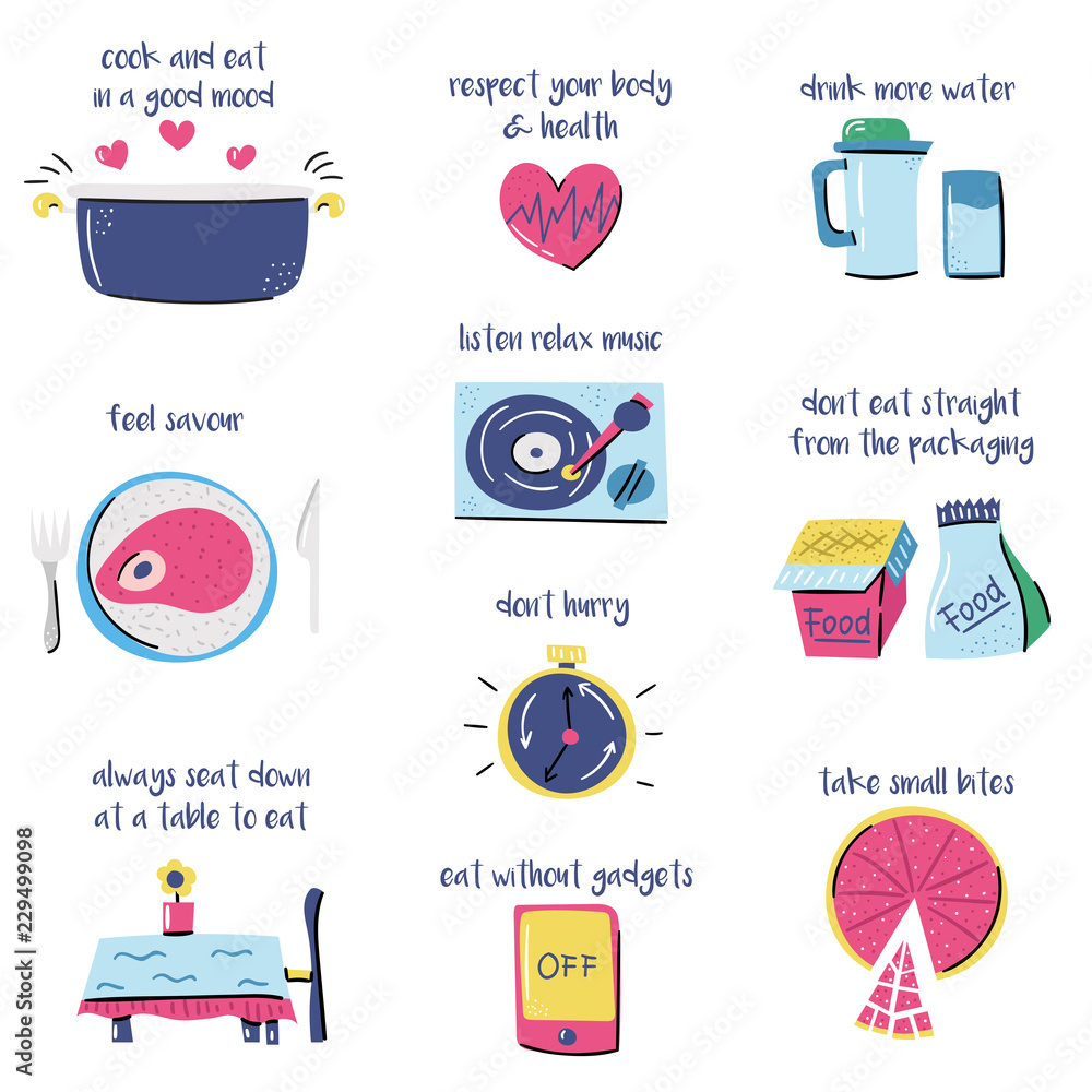 Set of cartoon hand drawn objects on mindful eating theme Stock Vector ...