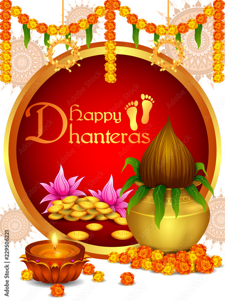 Gold Kalash with decorated diya for Happy Dhanteras Diwali festival ...