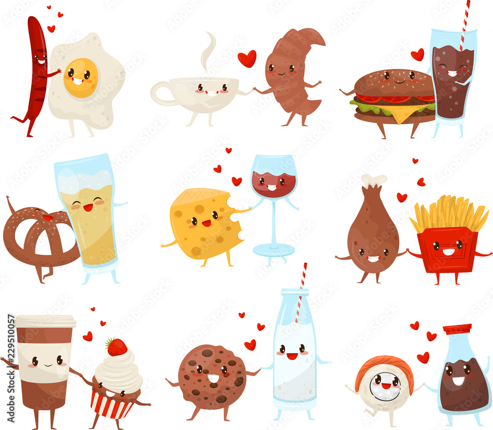 Cute funny food and drinks cartoon characters set, forever friends ...