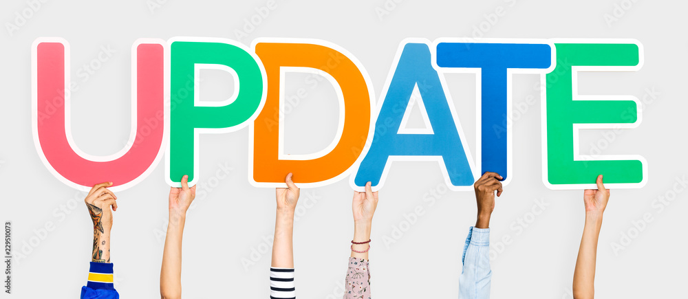 Diverse hands holding the word update Stock Photo | Adobe Stock