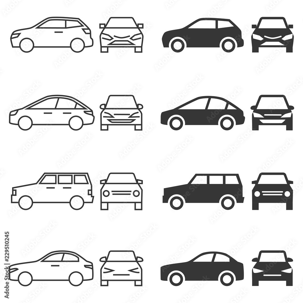 Front and side view car icons - line and silhouette cars isolated on ...