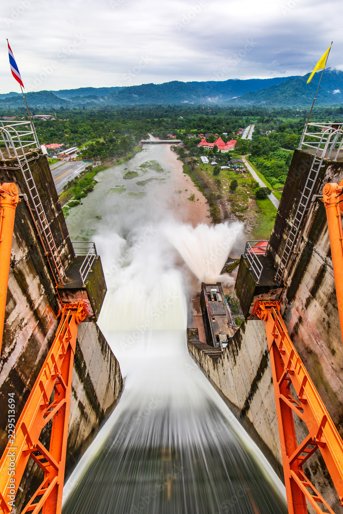 Spillway for drainage from the dam to prevent flooding. Khun Dan ...