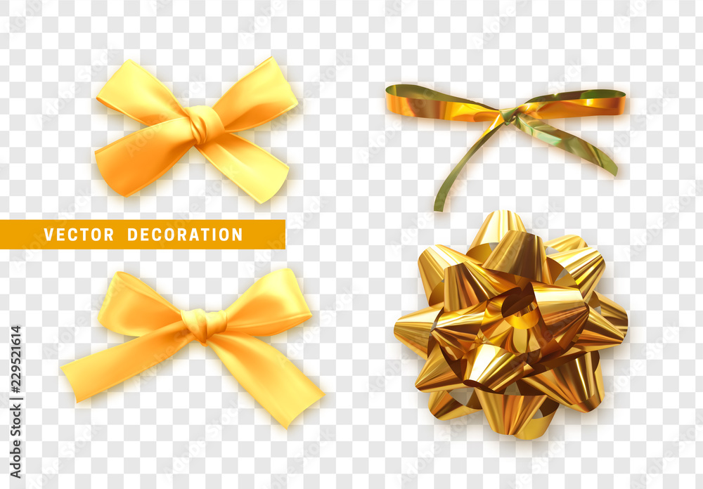 Set ribbon bows. Bow isolated realistic decorations of satin material ...