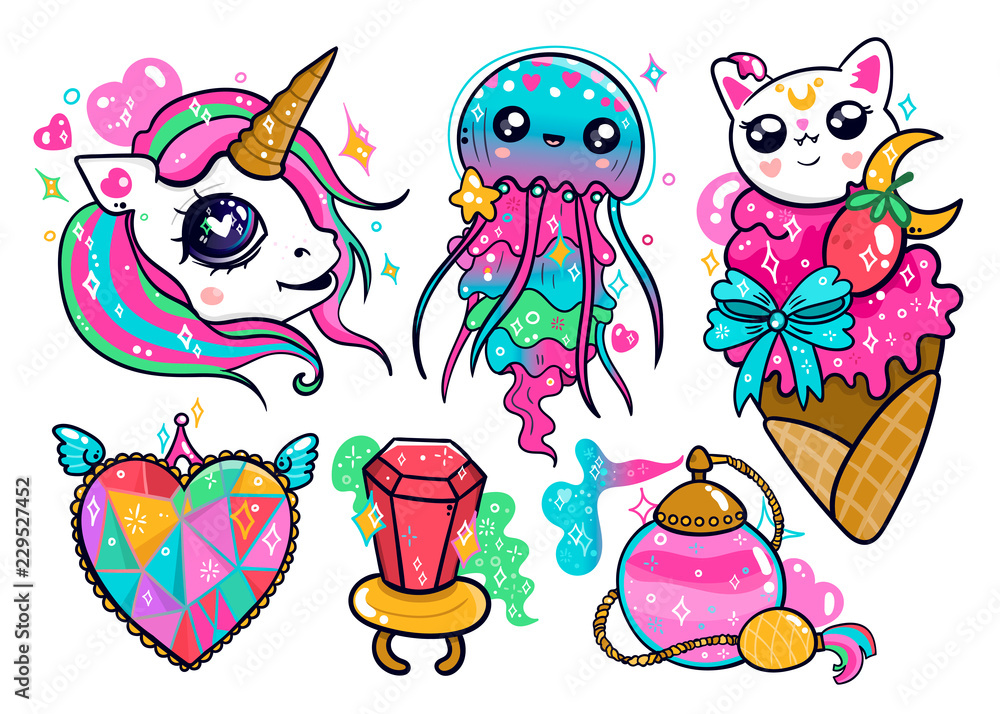 Various kawaii elements. Hand drawn colored vector set. Every object is ...