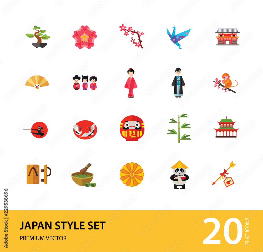 Japan Style Icon Set. Japanese Umbrella Bamboo Daruma Doll Japanese ...