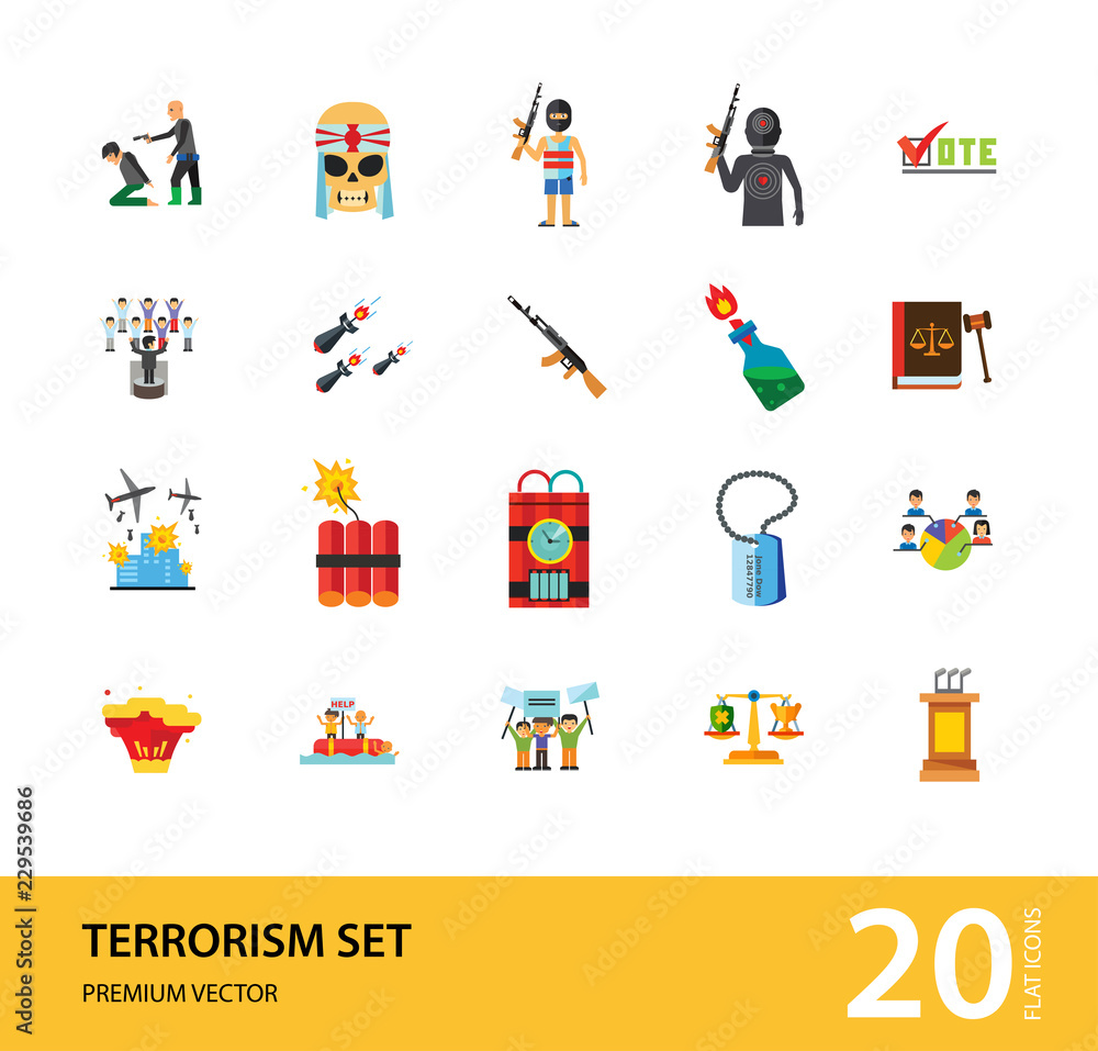 Terrorism Icon Set. Kamikaze Fire Cocktail Dynamite Army Tags Hostage ...