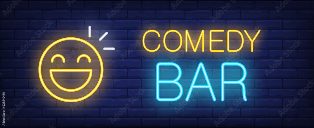 Comedy bar neon text with happy smiley. Show invitation advertisement ...