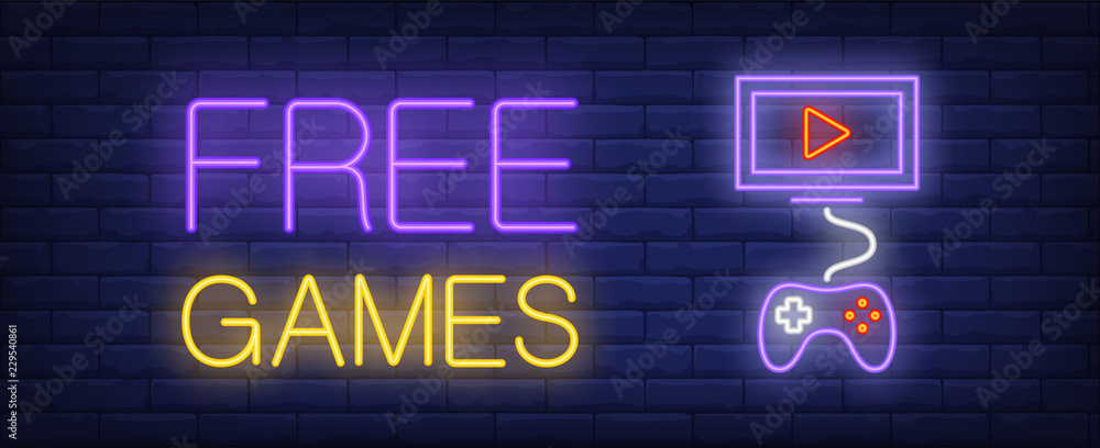 Free games neon text with joystick and monitor. Computer games and ...