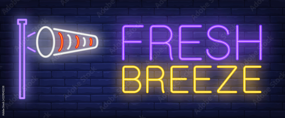 Fresh breeze neon sign. Windsock on brick background. Vane, wind ...