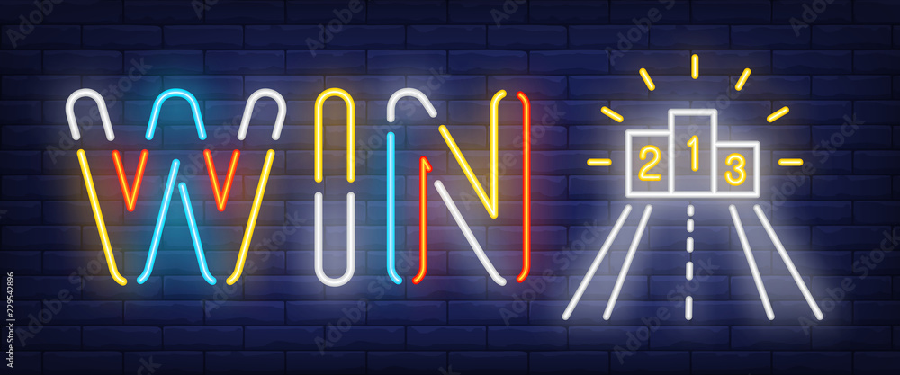 Win neon sign. Road to champion podium on brick background. Competition ...