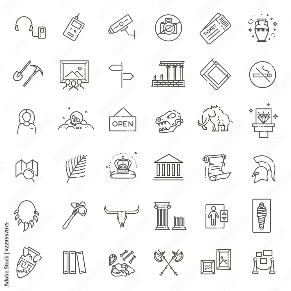museum icons set. museum exhibits collection. Thin line design Stock ...