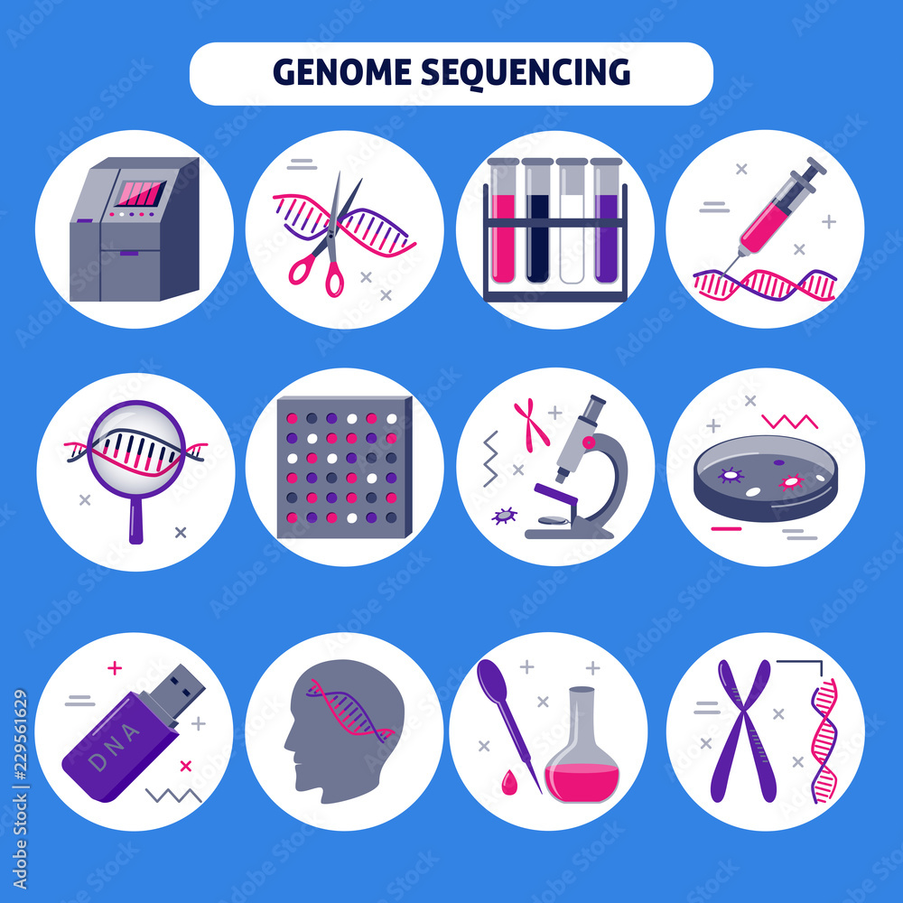 Genome research icon set in flat style Stock Vector | Adobe Stock