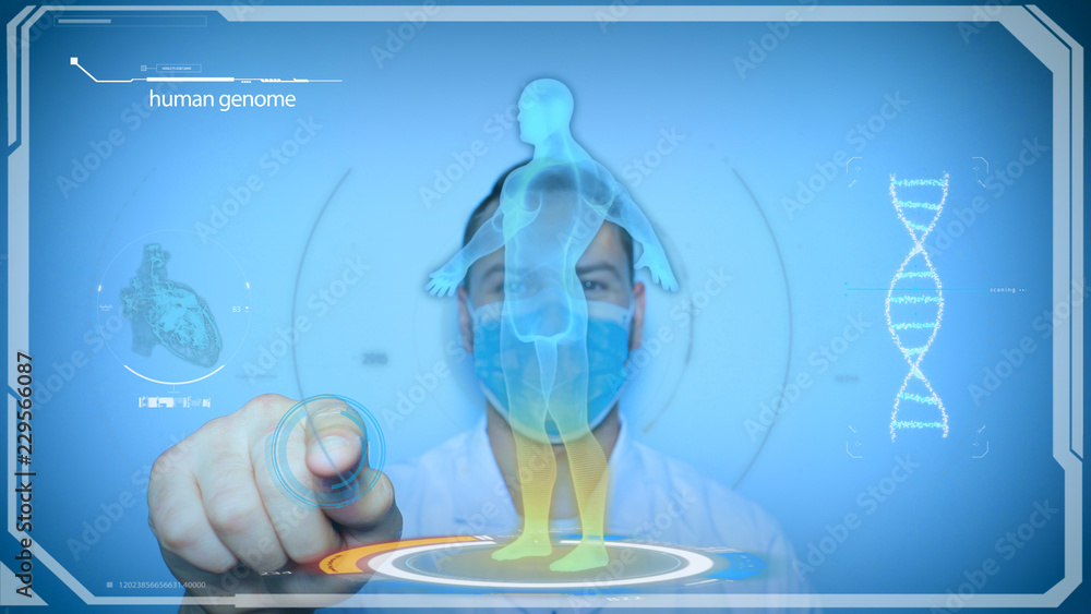 Futuristic doctor, surgeon, uses a hologram, holographic parts of the ...