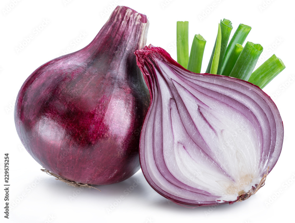 Red onion bulb and cross section of onion on white background. Stock ...