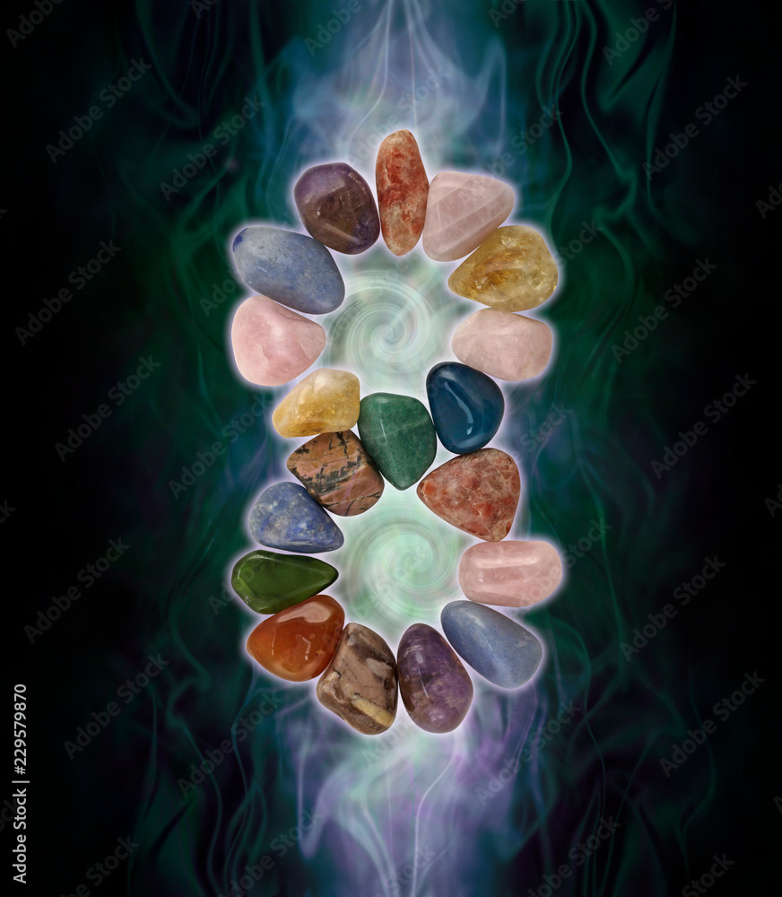 Infinity Crystals and spiralling energy - black background with a ...