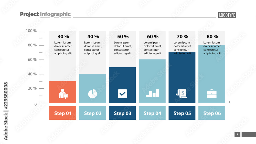 Six columns bar chart slide template. Business data. Step, diagram ...