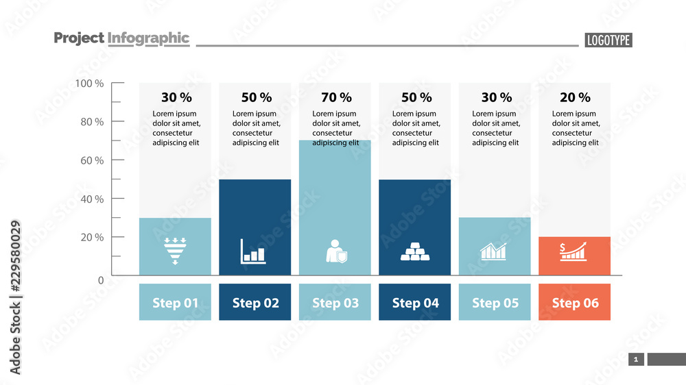 Six columns bar chart slide template. Business data. Percent, diagram ...