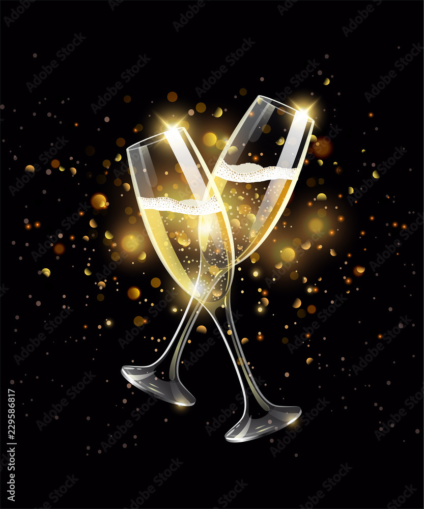 Sparkling glasses of champagne on black background, gold bokeh effect ...