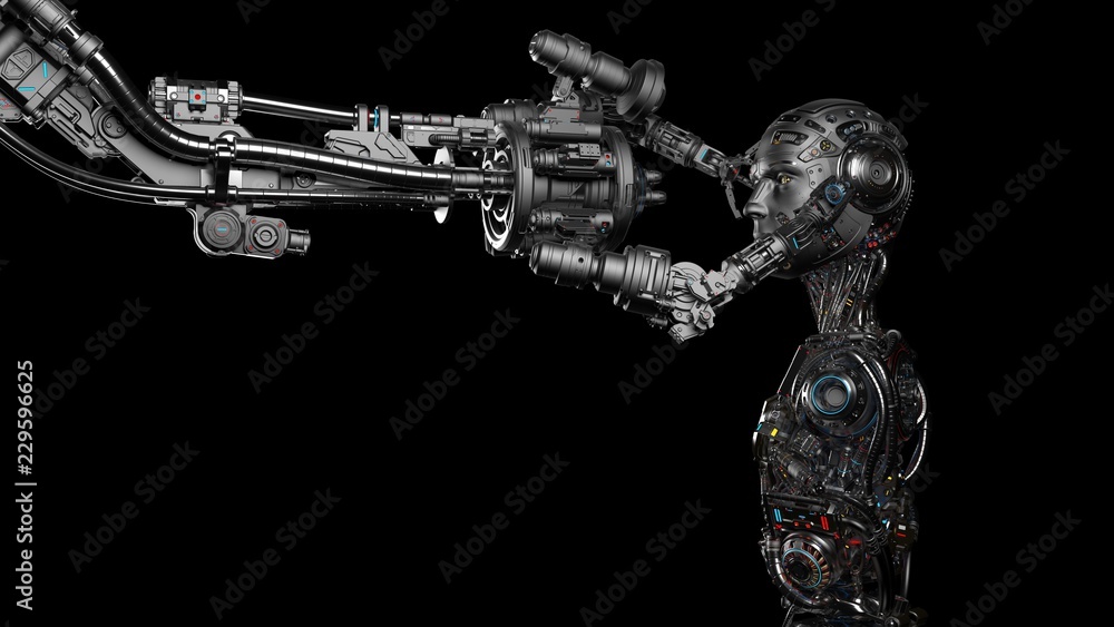 Futuristic robot man being constructed by robotic arm or cyborg under ...