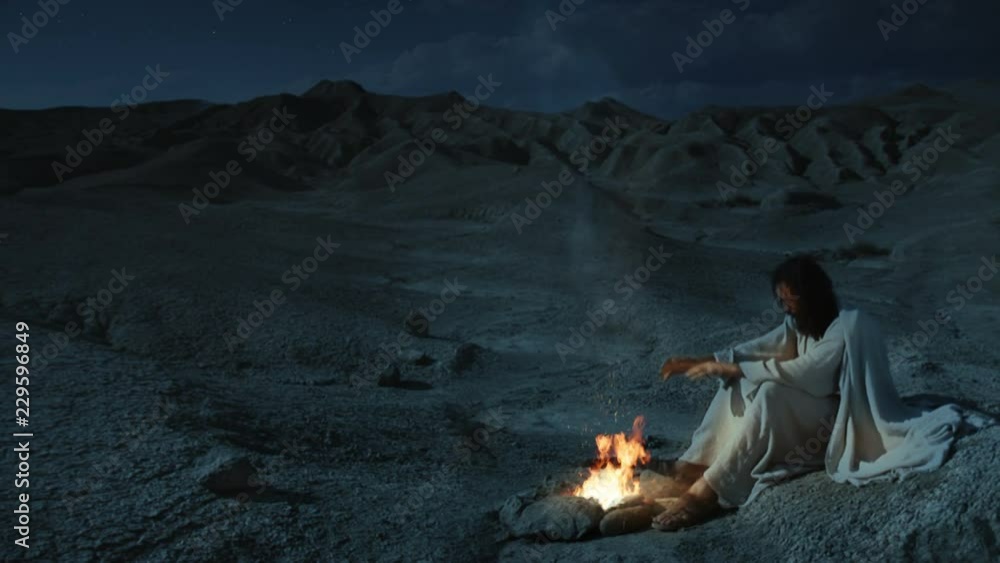 Jesus in the Wilderness and bonfire - LS Stock Video | Adobe Stock