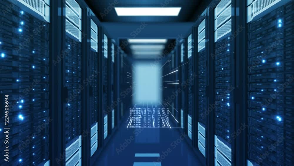 Flying Through Abstract Blue Data Center Server Racks with Stream Lines ...