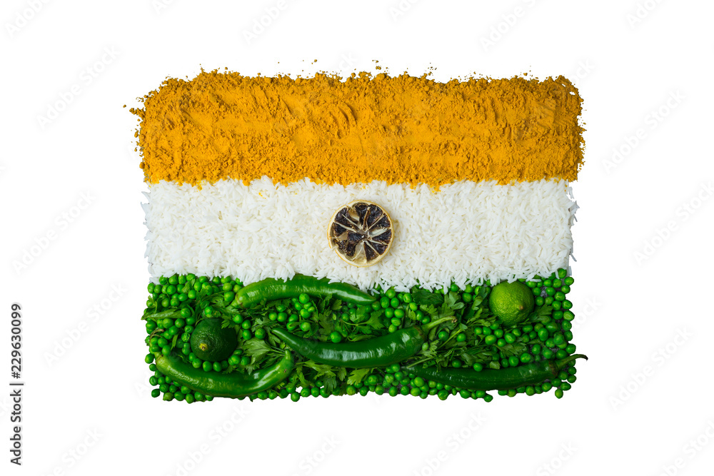Indian flag with vegetables and rice. Vegetarian indian food. Top view ...