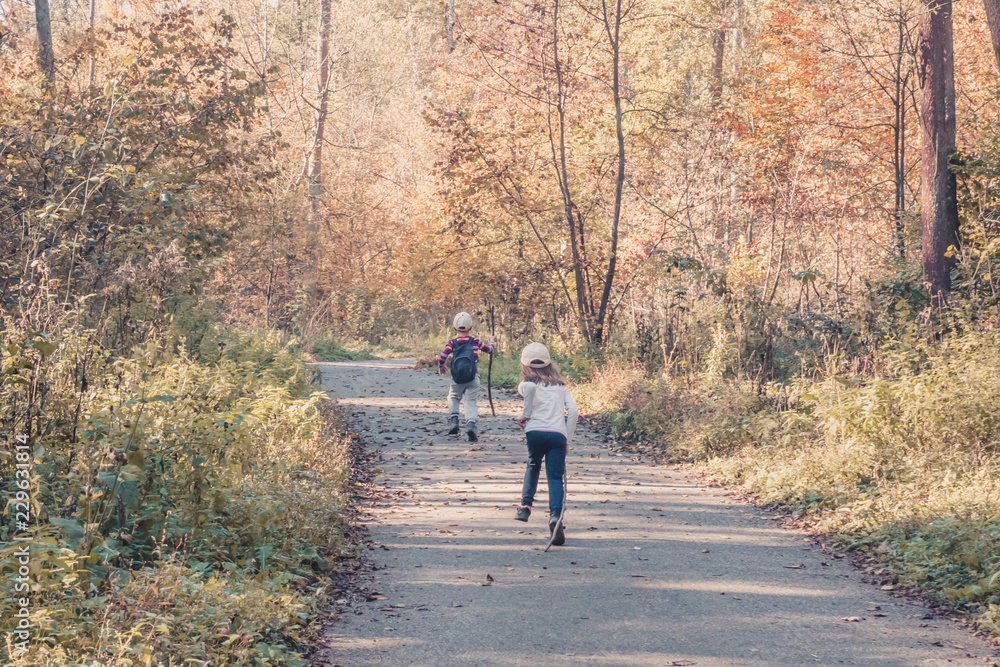 Little boy and girl with wooden sticks in their hands running along the ...