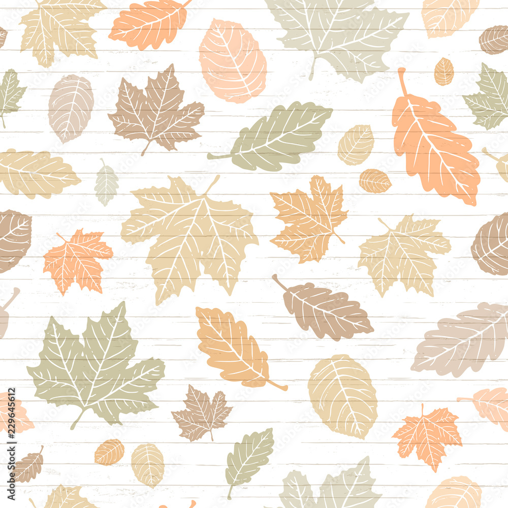 Seamless Vector Pastel Colored Autumn Falling Leaves on Shiplap Wood ...