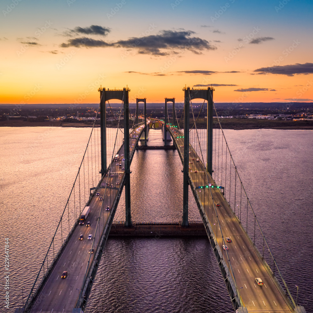 Aerial view of Delaware Memorial Bridge at dusk. The Delaware Memorial ...