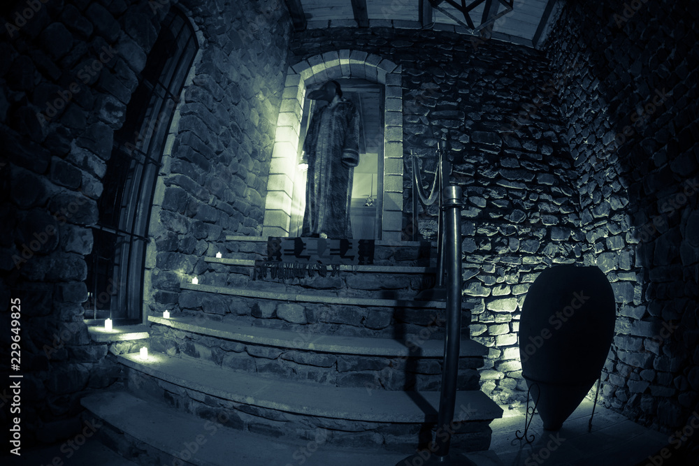 Inside of old creepy abandoned mansion. Staircase and colonnade ...