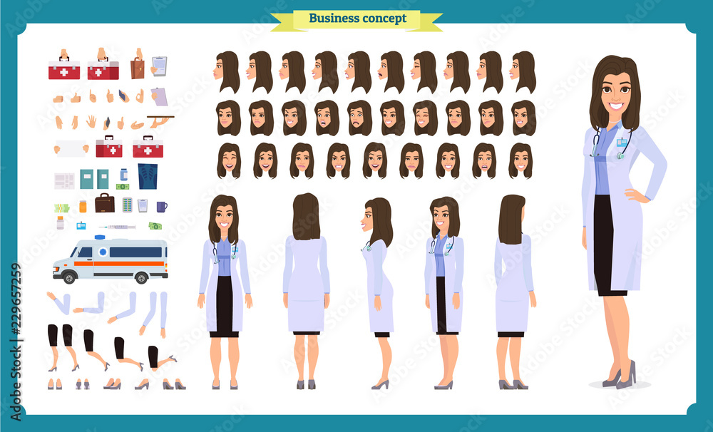 Female doctor character creation set.Front, side, back view animated ...