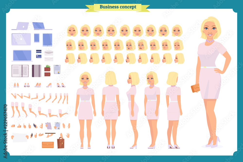 Girl in evening dress character creation set. Party woman in black ...