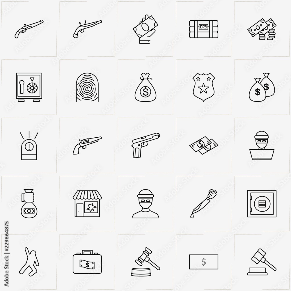 Criminal line icon set with broken window , knife criminal and siren ...