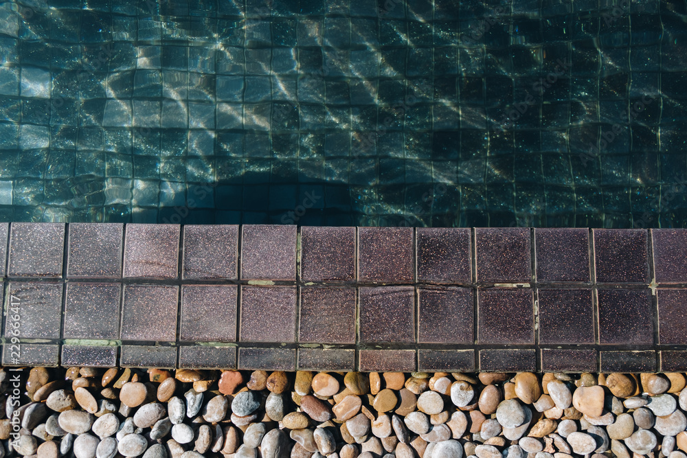 Swimming pool and stone deck on top view ideal for backgrounds Stock ...