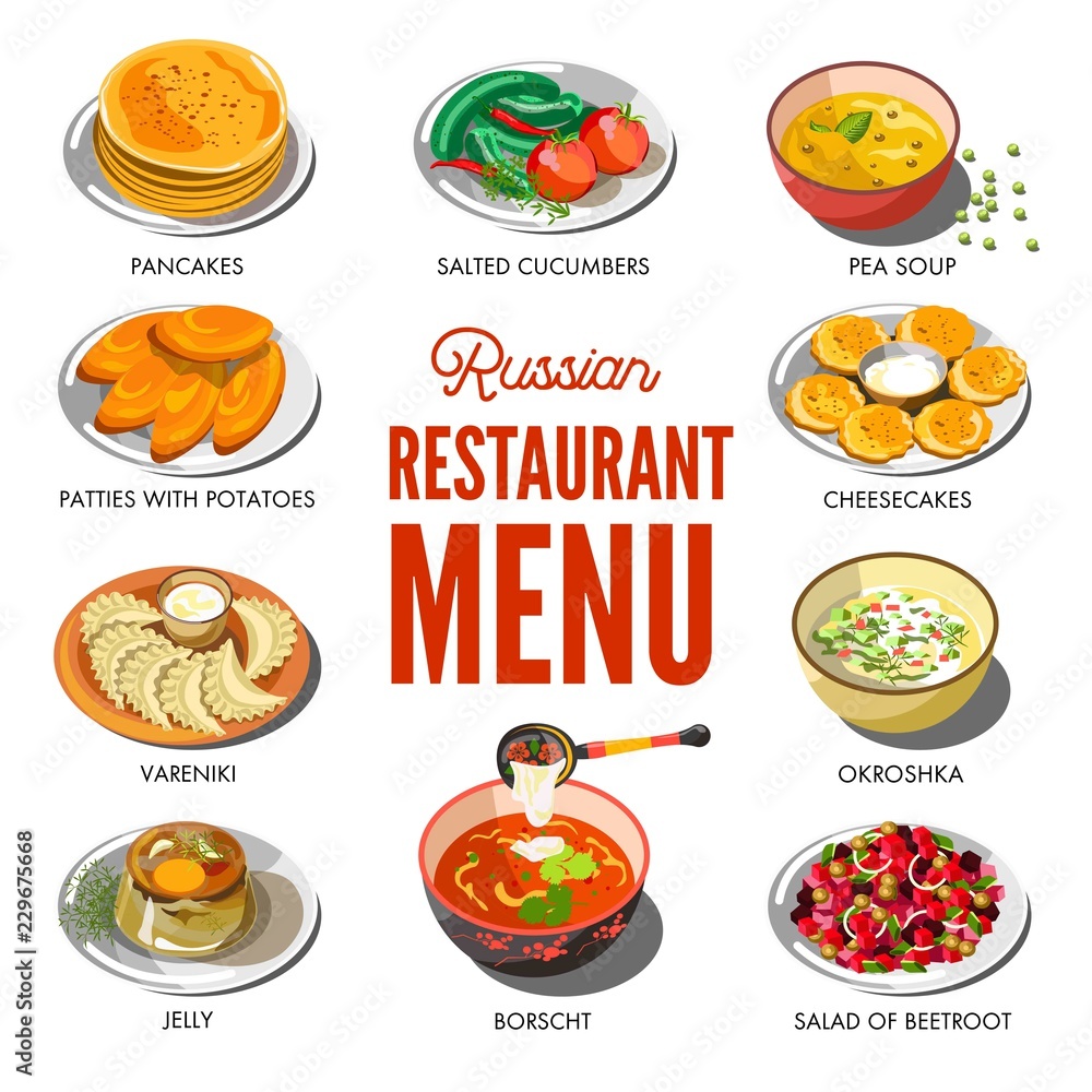 Russian cuisine traditional food dishes Stock Vector | Adobe Stock