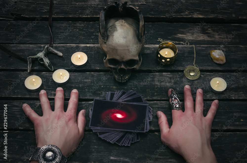 Tarot cards on fortune teller desk table background. Futune reading ...